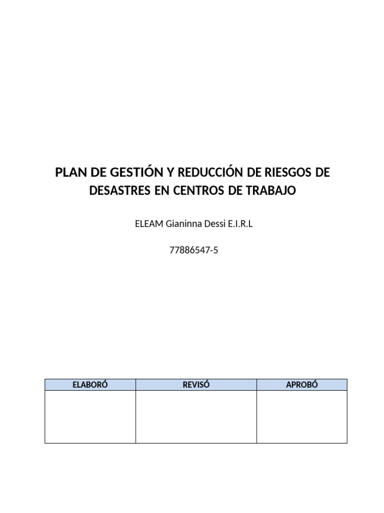 Plan de Gestion y Reduccion de Riesgos de Desastres en Centros de Trabajo 2024 | PDF | Desastres ...