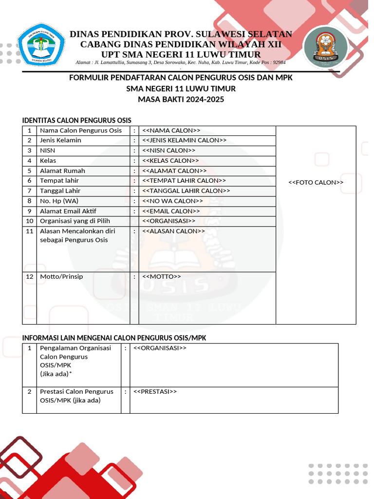 Formulir Pendaftaran Osis-Mpk 24-25 | PDF