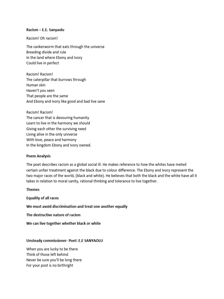 NECO Poems For jss3 - 105929 | PDF | Citizenship | Racism