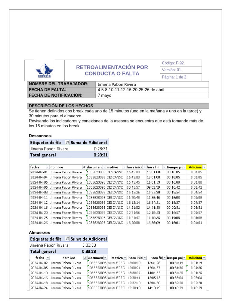 FORMATO RETROALIMENTACIÓN POR CONDUCTA Jimena Pabon Rivera | PDF