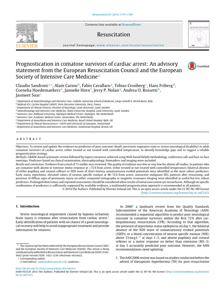 Prognostication in Comatose Survivors of Cardiac A | PDF | Coma ...