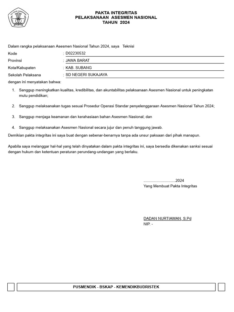 Pakta Integritas Pa Dadan | PDF | Pengelolaan Keuangan & Uang