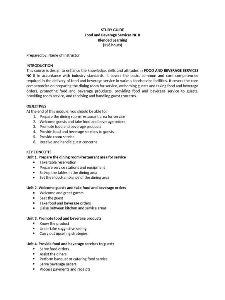Food and Beverage Services NC II Guide | PDF | Restaurants | Foodservice