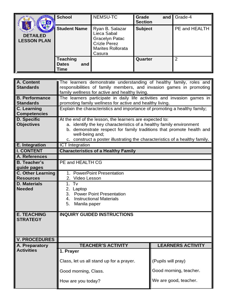 Characteristics of Healthy Family | PDF | Teachers | Lesson Plan
