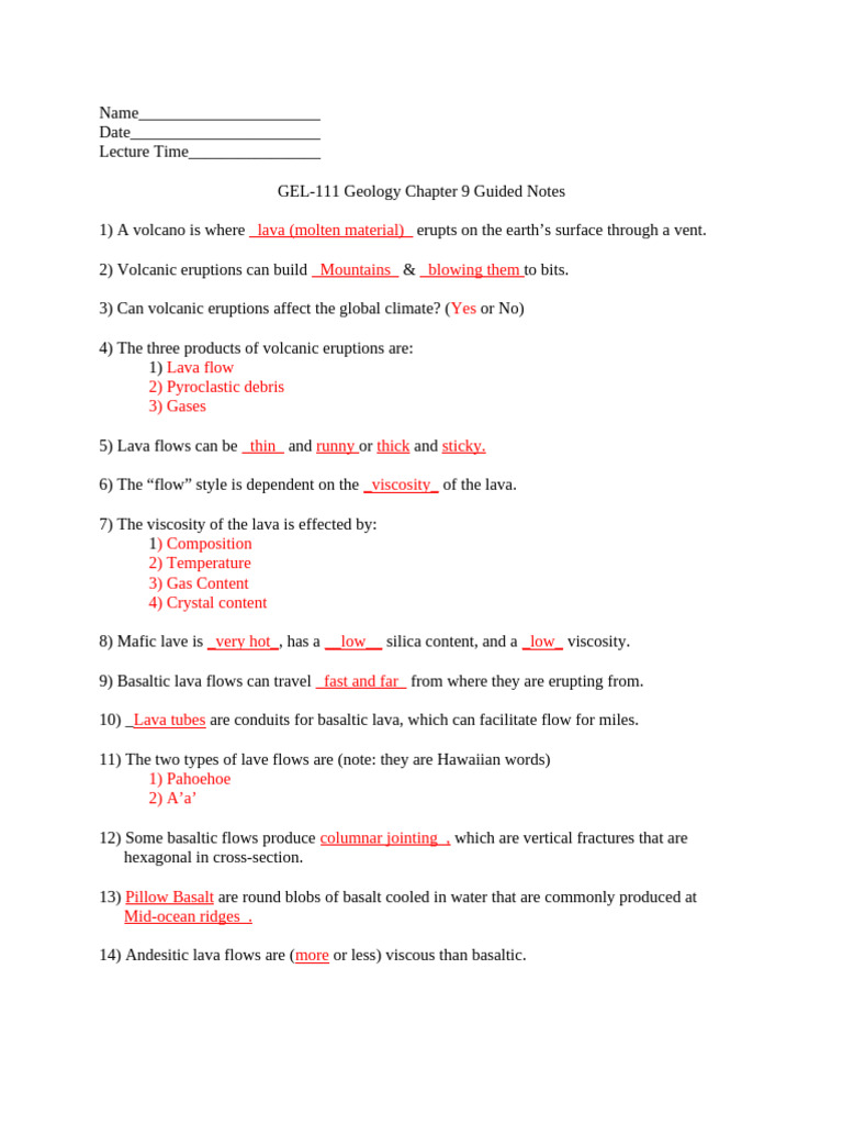 GEL 111 Geology Chapter 9 Guided Notes | PDF | Lava | Types Of Volcanic ...