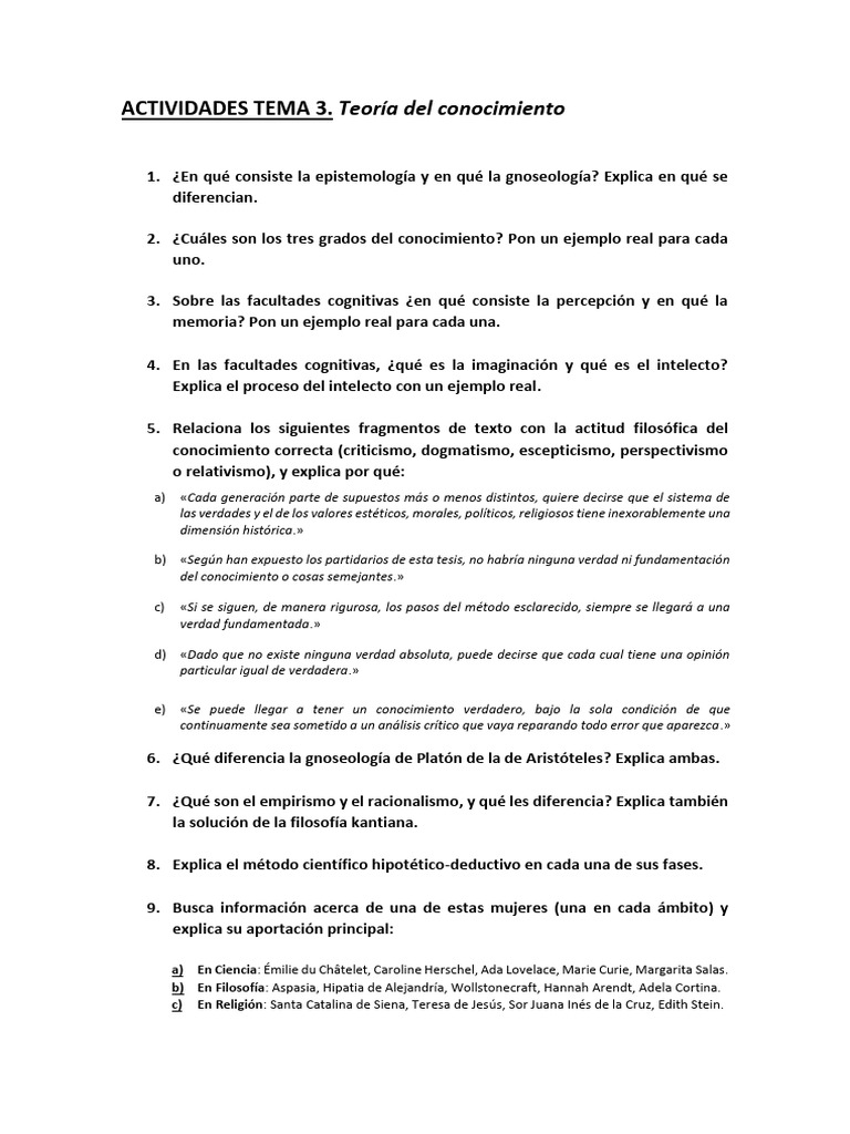Ud3 - Teoría Del Conocimiento. Actividades | PDF | Conocimiento | Verdad