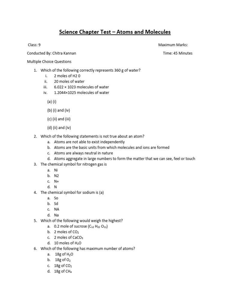 9th Grade Science Test: Atoms & Molecules | PDF | Mole (Unit) | Mercury ...