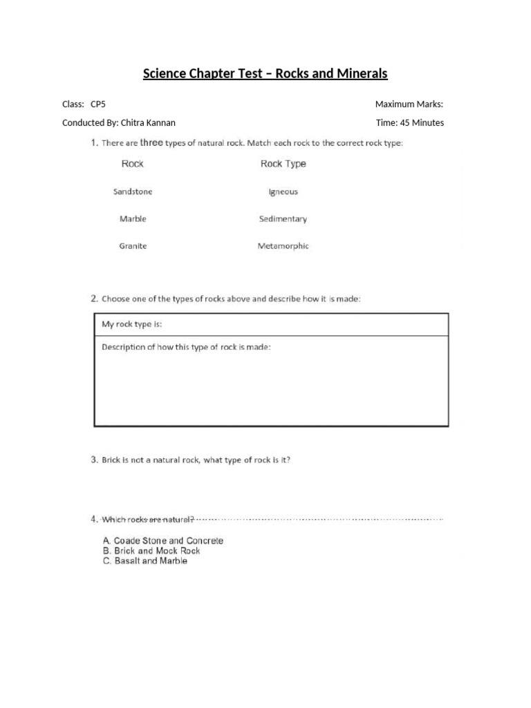 Rocks & Minerals Test CP5 | PDF