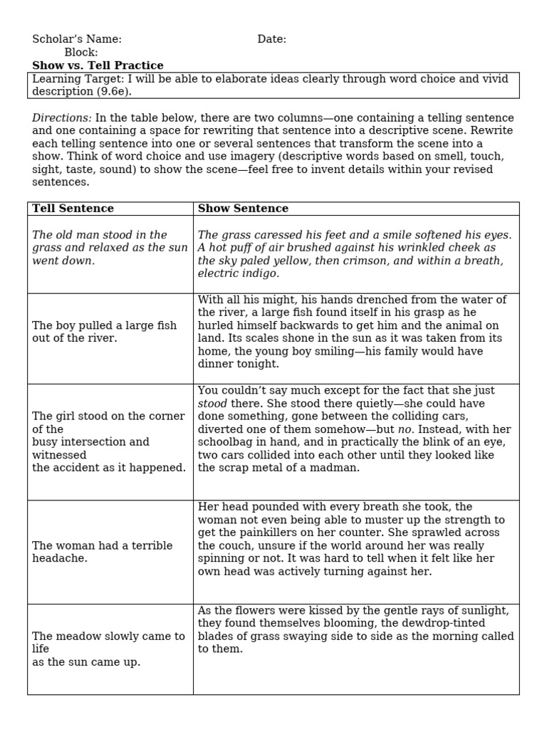 Show vs. Tell Writing Practice Guide | PDF | Poetry