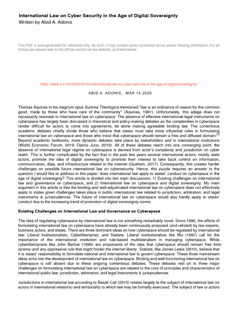 International Law On Cyber Security in The Age of Digital Sovereignty ...