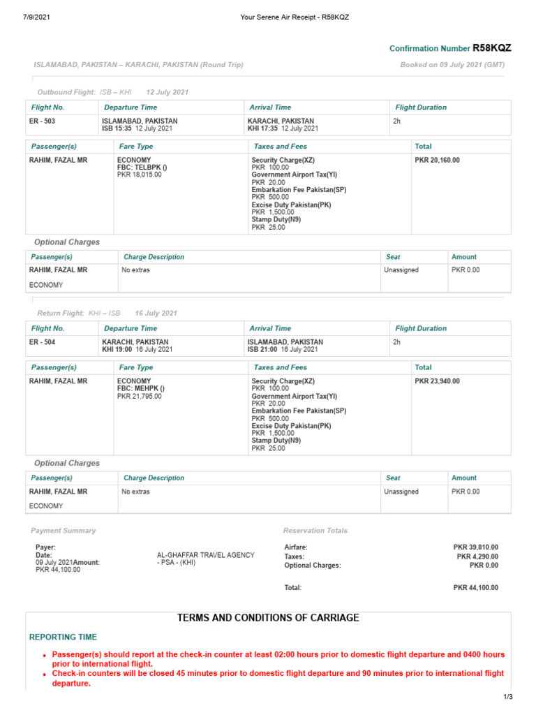 Your Serene Air Receipt - R58KQZ | PDF | Credit Card | Baggage