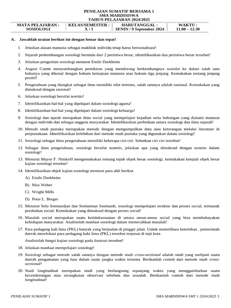 Soal PHB Kelas X Sosiologi | PDF