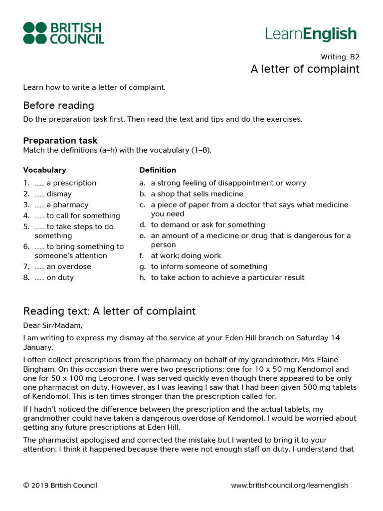 LearnEnglish Writing B2 A Letter Complaint PDF | PDF | Pharmacy