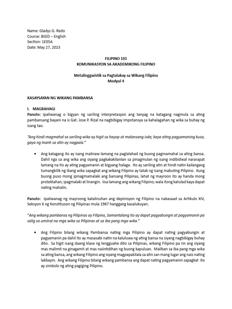 Filipino 101 - Modyul 4 | PDF