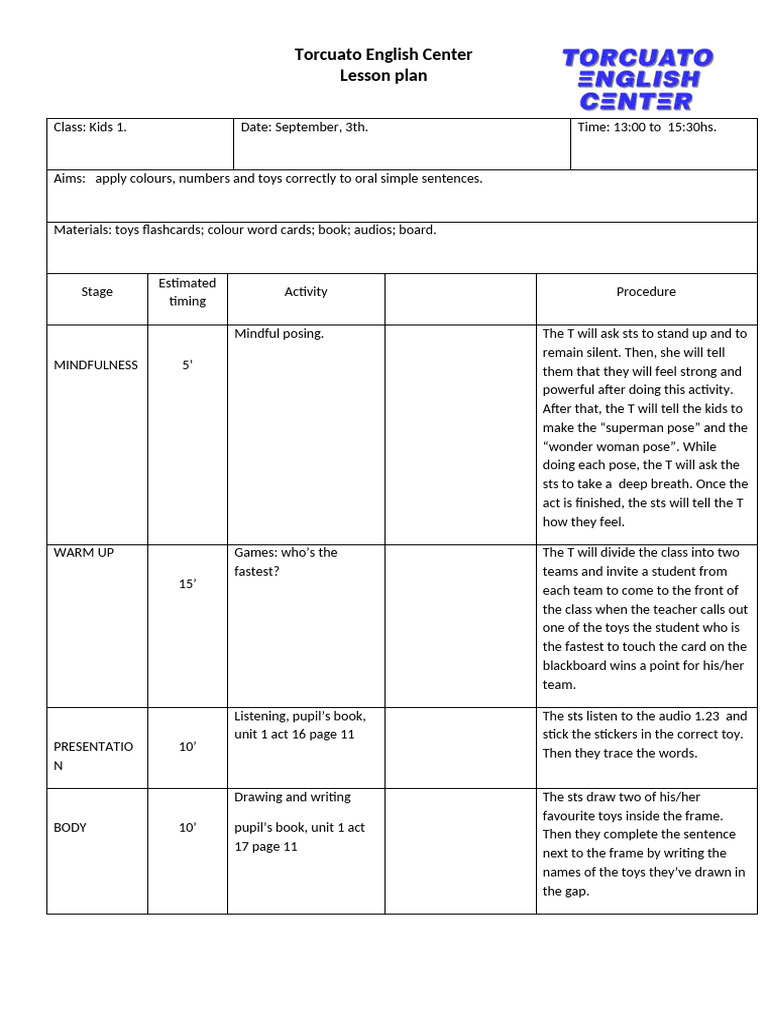 Kids 1 Lesson Plan: Colors & Toys | PDF