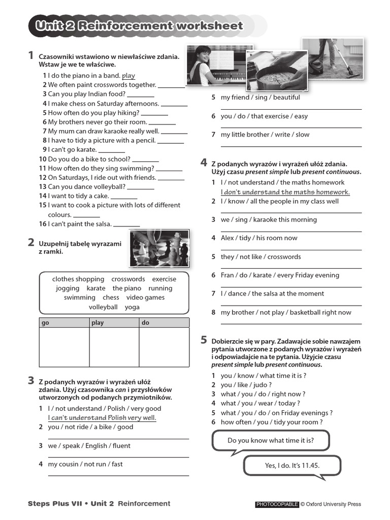Steps Plus VII Reinf Worksheets U2 | PDF | Performing Arts