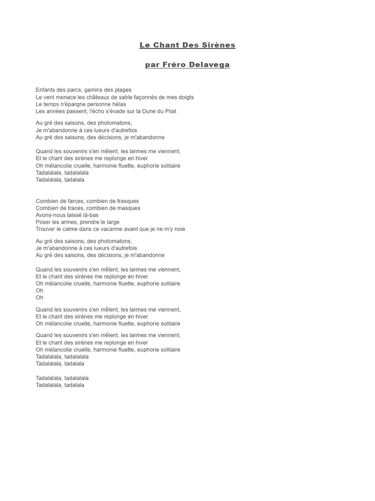 Paroles - Le Chant Des Sirenes Par Frero Delavega | PDF | Poésie
