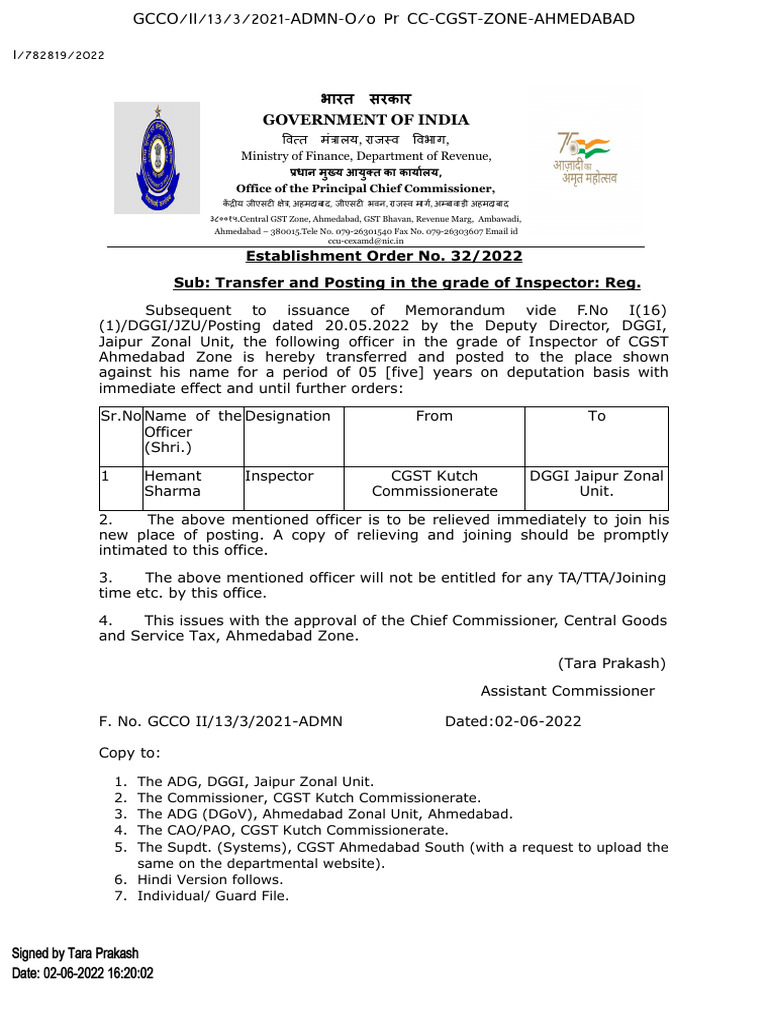 Government of India: Establishment Order No. 32/2022 Sub: Transfer and ...