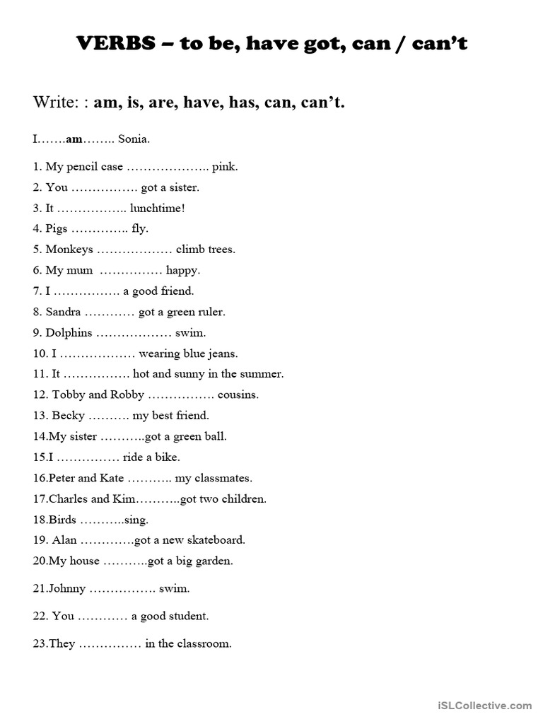VERBS Am, Is, Are, Have Got, Can, Can't | PDF