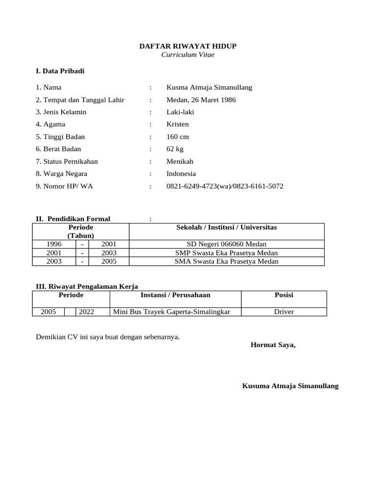 Daftar Riwayat Hidup: Curriculum Vitae | PDF