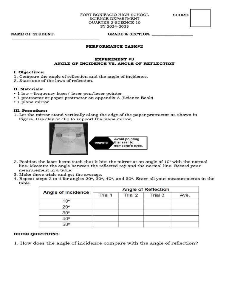 Experiment 3 Angle of Incidence Vs Angle of Reflection | PDF | Science ...
