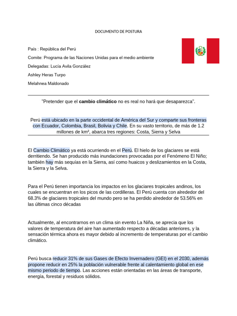 Documento de Postura 2 | PDF | Perú | Cambio climático