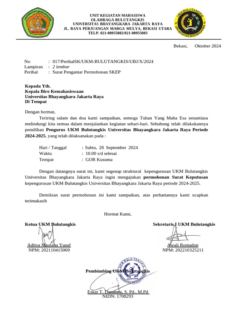 Surat Permohonan SKEP UKM Badminton 2024-2025 | PDF