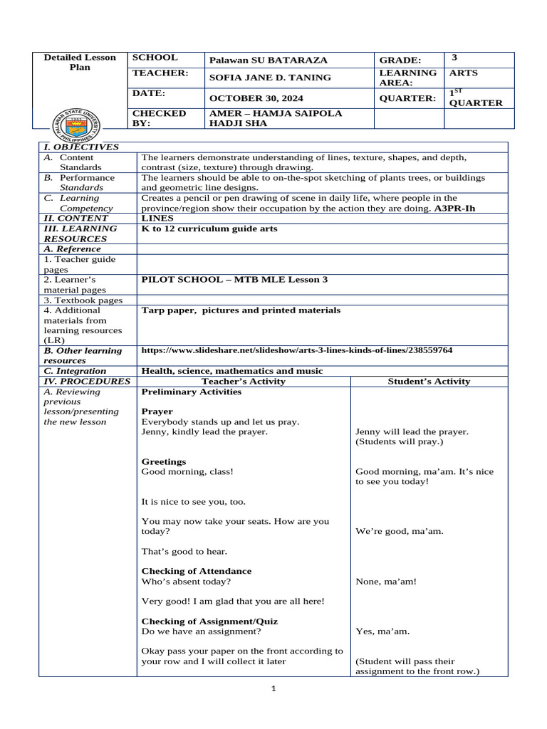 Grade 3 Arts Lesson Plan: Lines | PDF | Line (Geometry) | Drawing