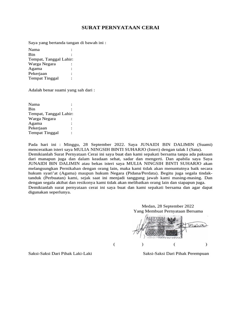 Surat Pernyataan Cerai Junaidi dan Mulia | PDF
