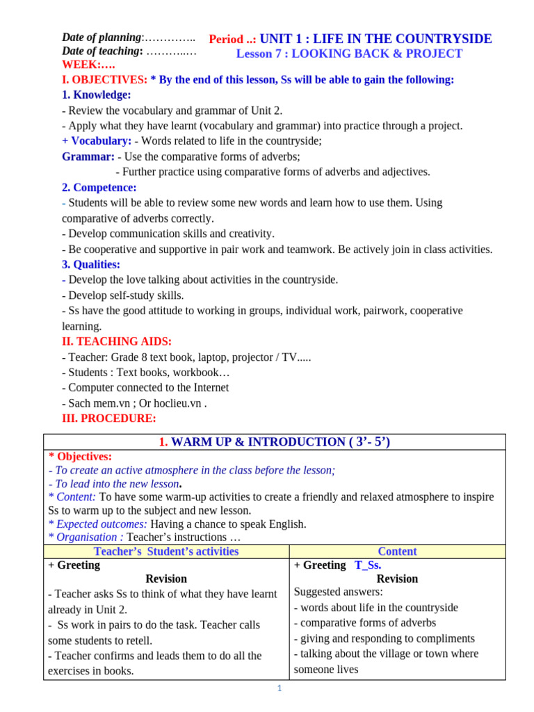 Unit 2 - Lesson 7 - Looking Back | PDF | Vocabulary | Teachers