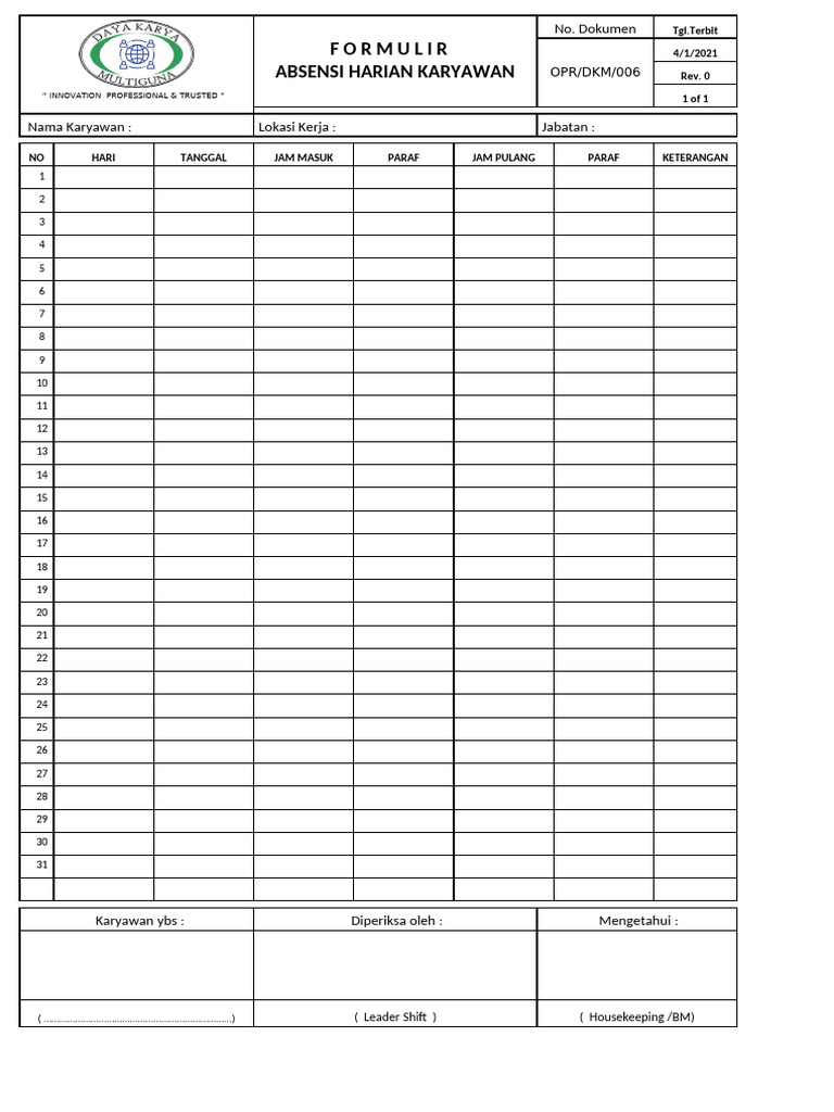Opr - 006 Form Absesnsi Harian Karyawan | PDF