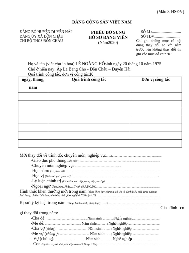 Phieu Bo Sung Ho So Dang Vien | PDF