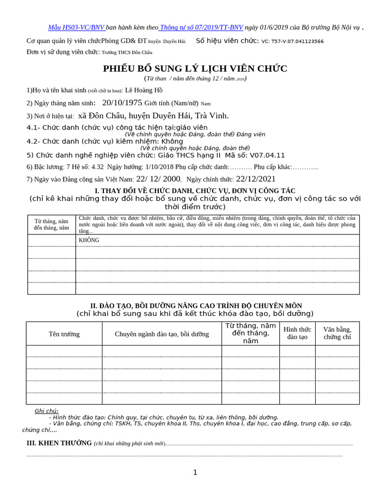 Phieu Bo Sung Ly Lich Vien Chuc | PDF