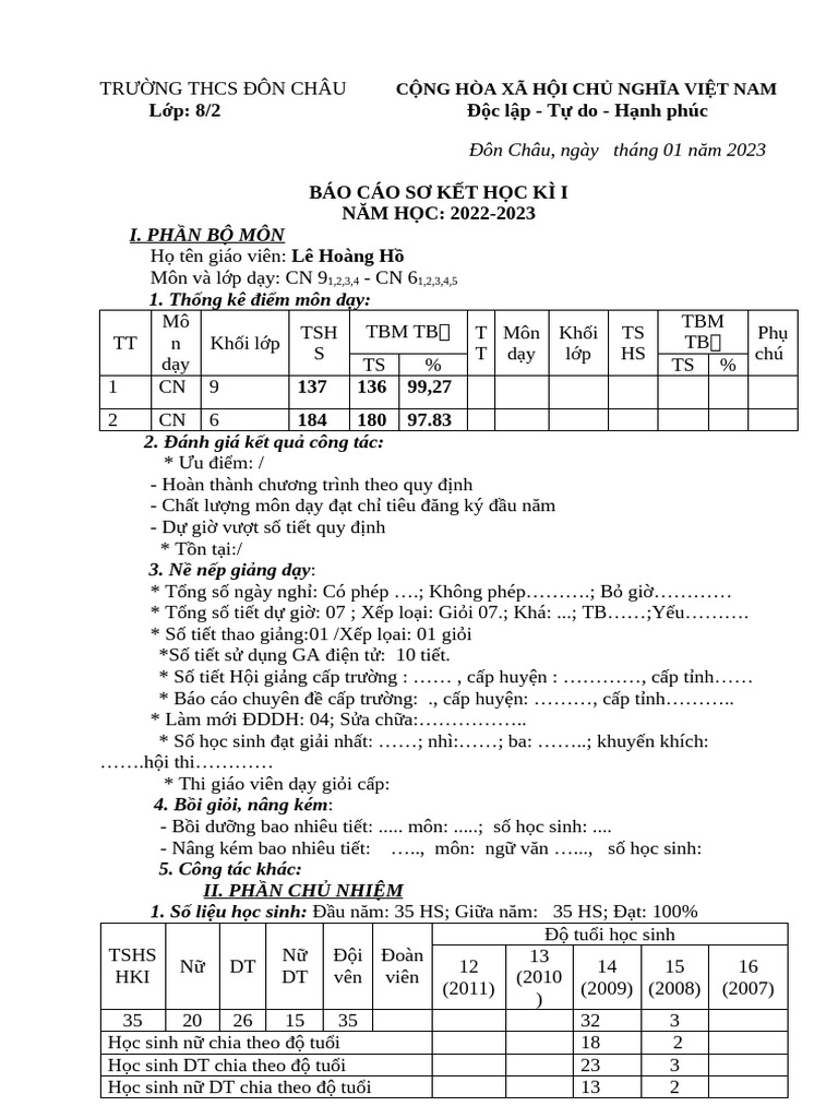 Mẫu Báo Cáo Sơ Kết Hki 2022- 2023 | PDF