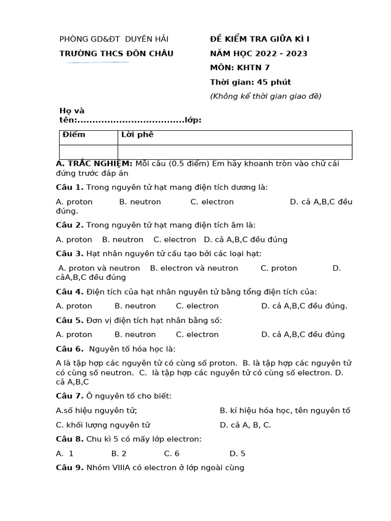 KT Giua Ki I KHTN 7 2022-2023 | PDF
