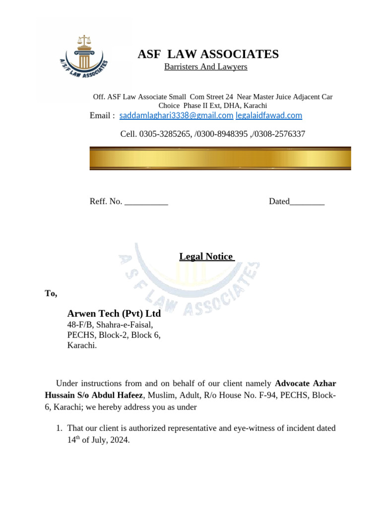 Legal Notice Against Arwen Tech Pvt Ltd | PDF | Advocate | Common Law