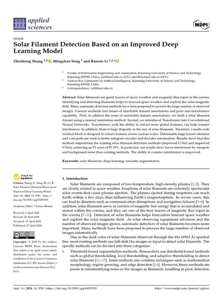 Solar Filament Detection Based On An Improved Deep Learning Model | PDF | Deep Learning | Space ...