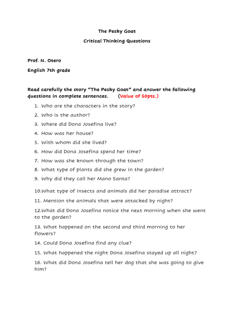 The Pesky Goat Critical Thinking Questions | PDF | Art | Mystery ...