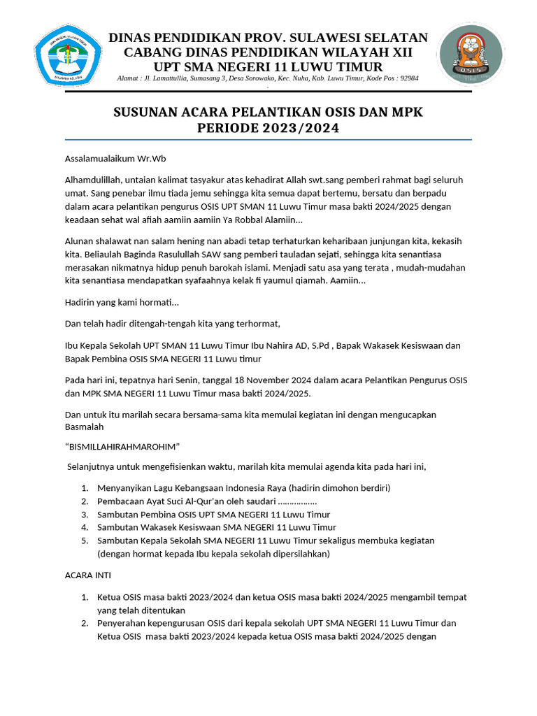 Susunan Acara Pelantikan OSIS 2024/2025 | PDF