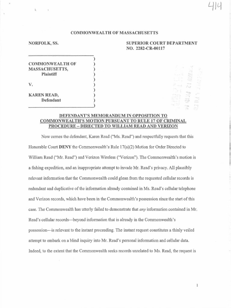 New Filing in Karen Read Case | PDF | Evidence (Law) | Discovery (Law)