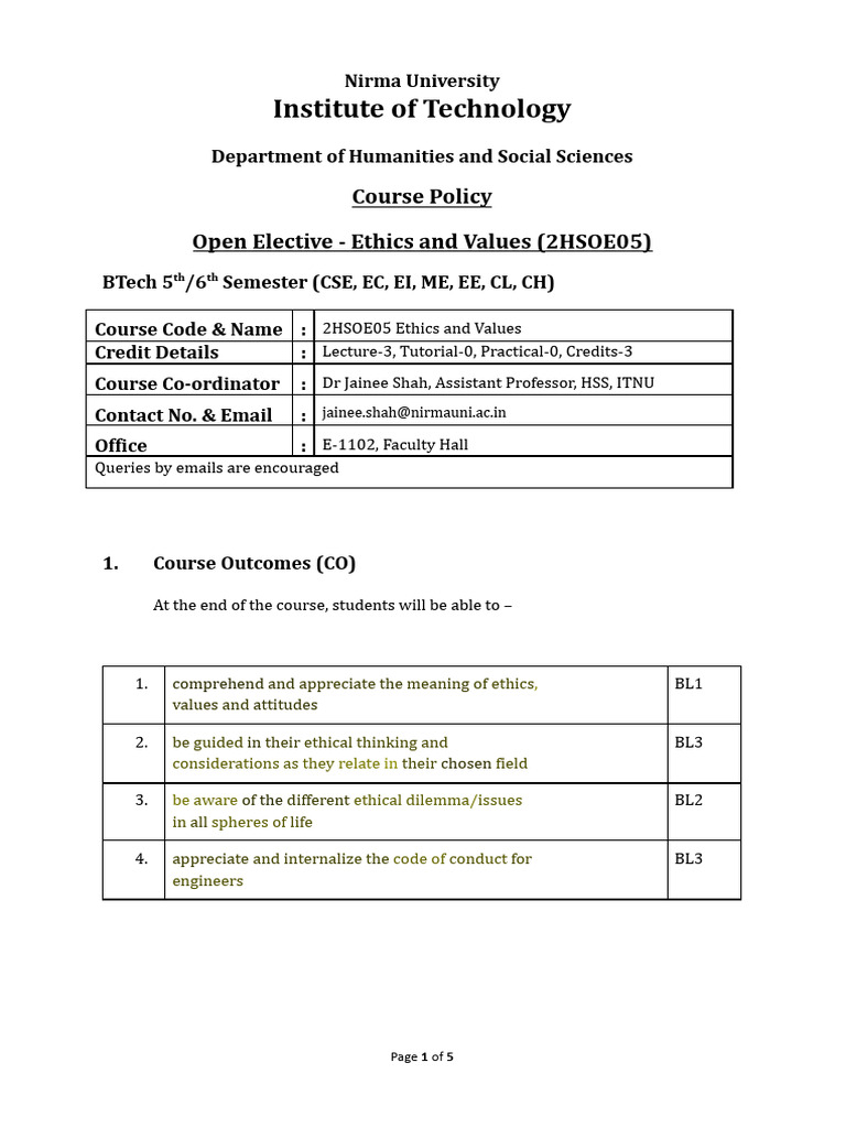 Ethics and Values Course Policy | PDF | Evaluation | Theory