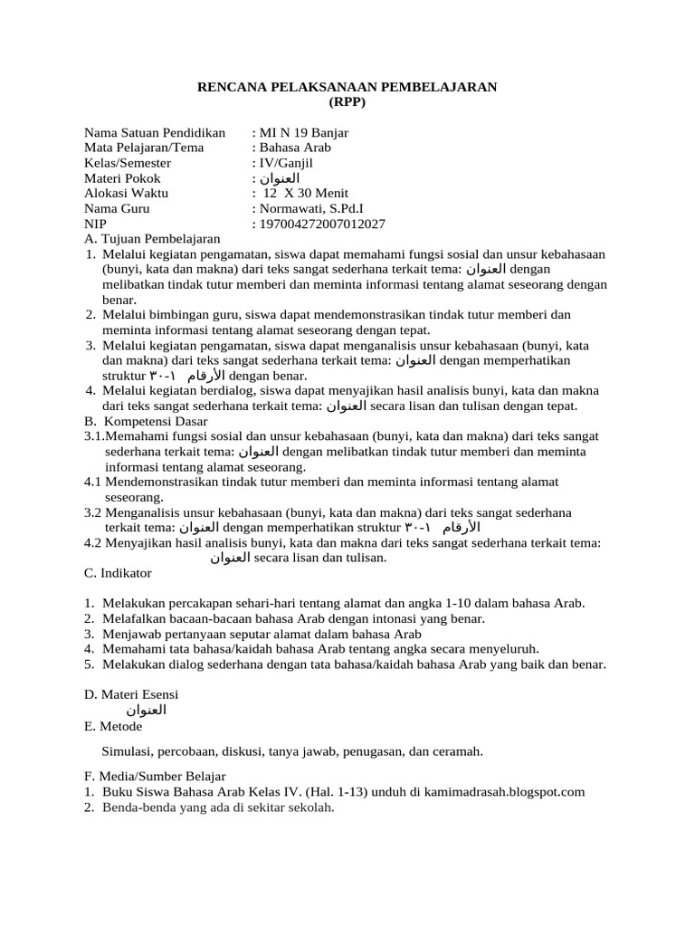 RPP Bahasa Arab Kelas IV | PDF | Seni & Disiplin Bahasa