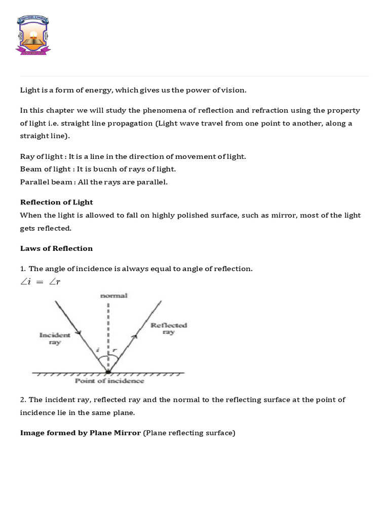 Notes - CH 10 - Light-Reflection and Refraction | PDF | Mirror | Refraction