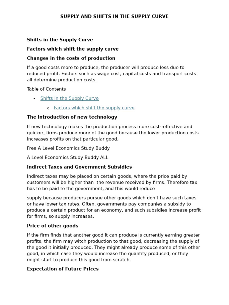 Shifts in The Supply Curve Handout | PDF | Supply (Economics) | Supply ...