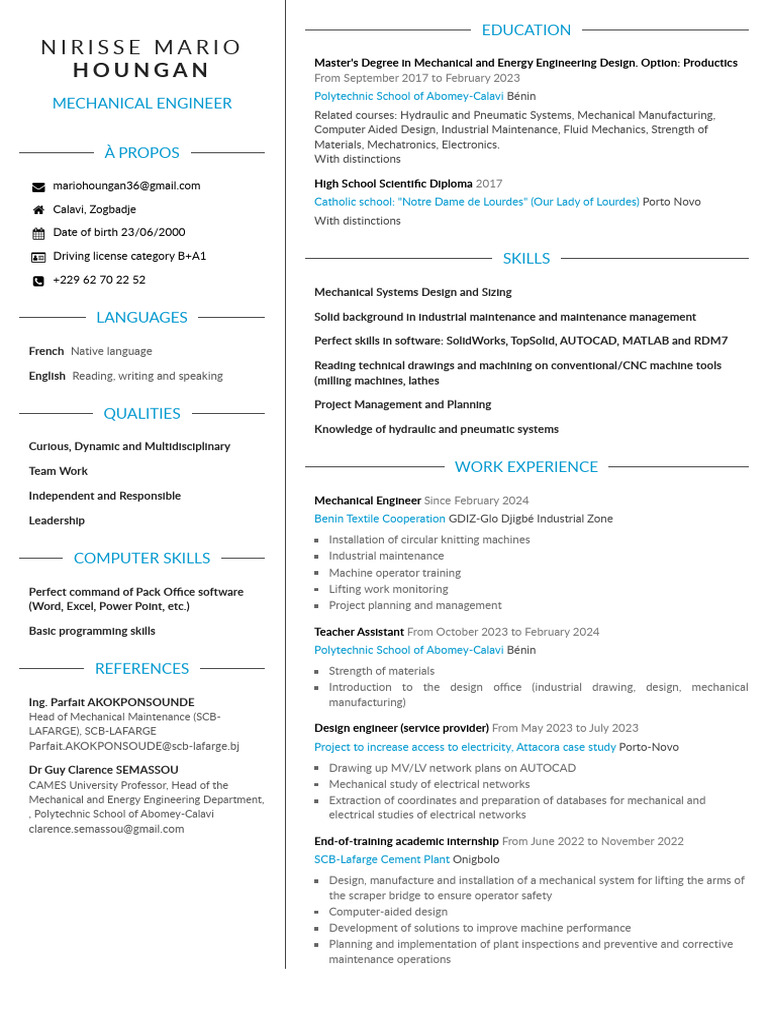 Resume_Mario HOUNGAN | PDF | Mechanical Engineering | Engineering