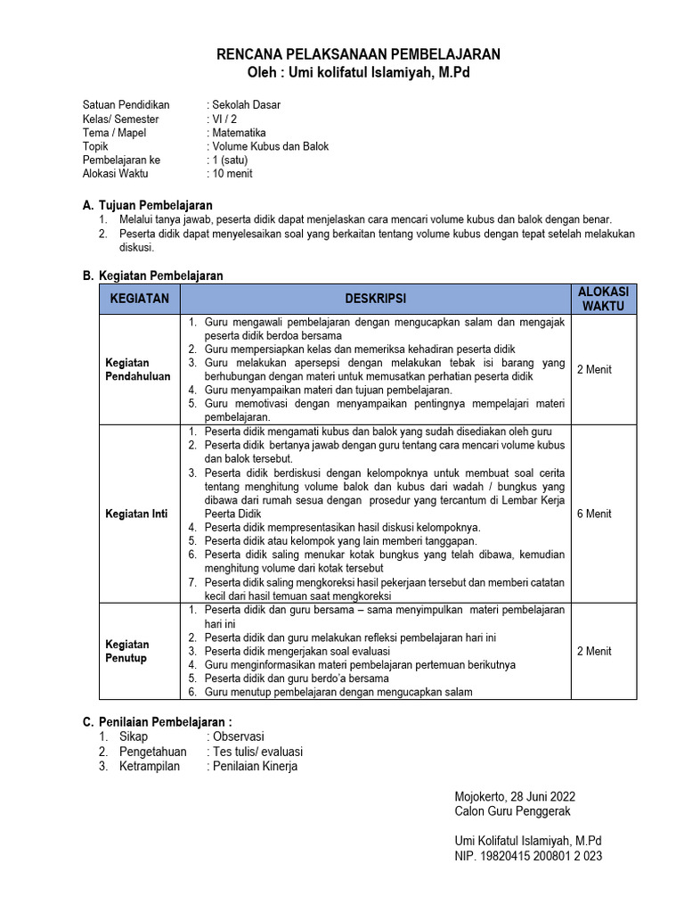 RPP Simulasi Mengajar CGP Angkatan 7 Matematika Kelas 6 Volume Kubus ...