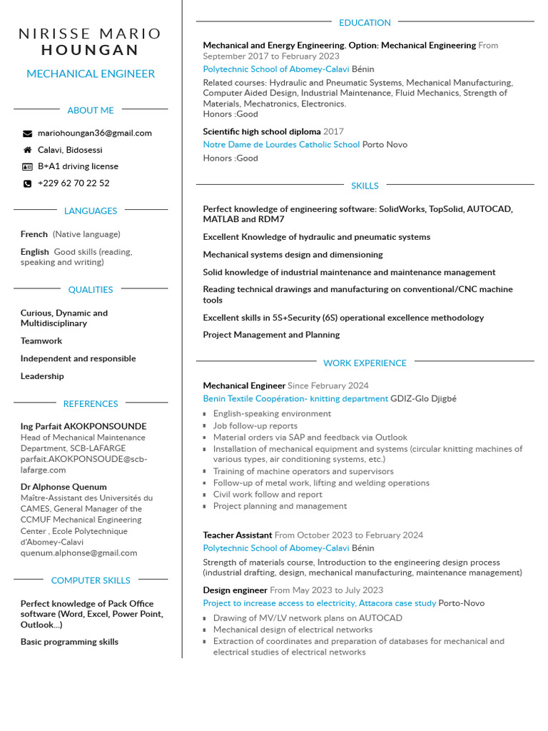 CV - 2024-11-12 - Nirisse Mario - HOUNGAN-English | PDF | Mechanical ...