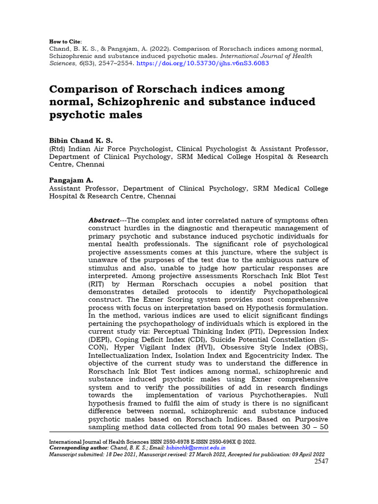 Comparison of Rorschach Indices Among No Ae5ced84 | PDF | Psychosis ...