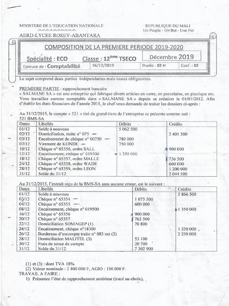 Compo Comptabilite Quater1 Tseco 2020 ROSEY ABANTARA | PDF