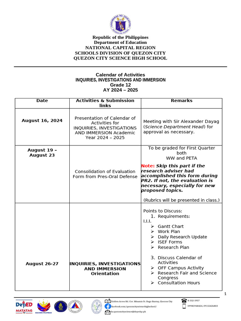 Grade 12 Research Calendar 2024-2025 | PDF